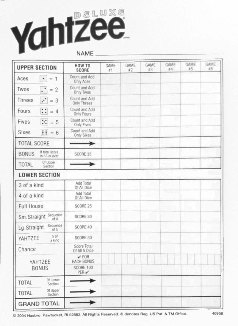 Yahtzee Score Card - Download & Print Free Yahtzee Score Sheets